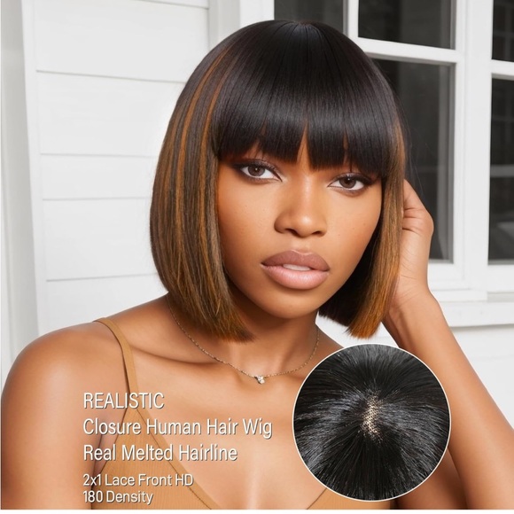 Hair | 1 Highlight Bob Wig With Bangs Human Hair Yaki Straight Bob Wigs ...